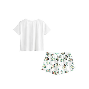 DIDK Women's Cute Cartoon Print Tee and Shorts Pajama Set Avocado White Large