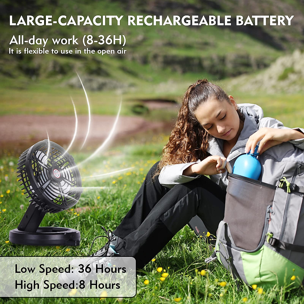 RUNTOP Portable Fan Battery Operated Rechargeable Fan Foldable, Camping Fan with LED Light & Hanging Hook, USB Small Table Fans for Tents Travel, Home Office Bedroom,3 Speeds