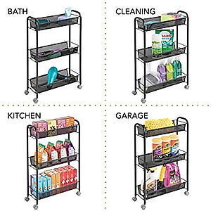 mDesign Steel Rolling Utility Cart Storage Organizer Trolley with 3 Basket Shelves for Laundry Room, Mudroom, Garage, Bathroom Organization - Holds Detergents, Hand Soap - Biro Collection, Black