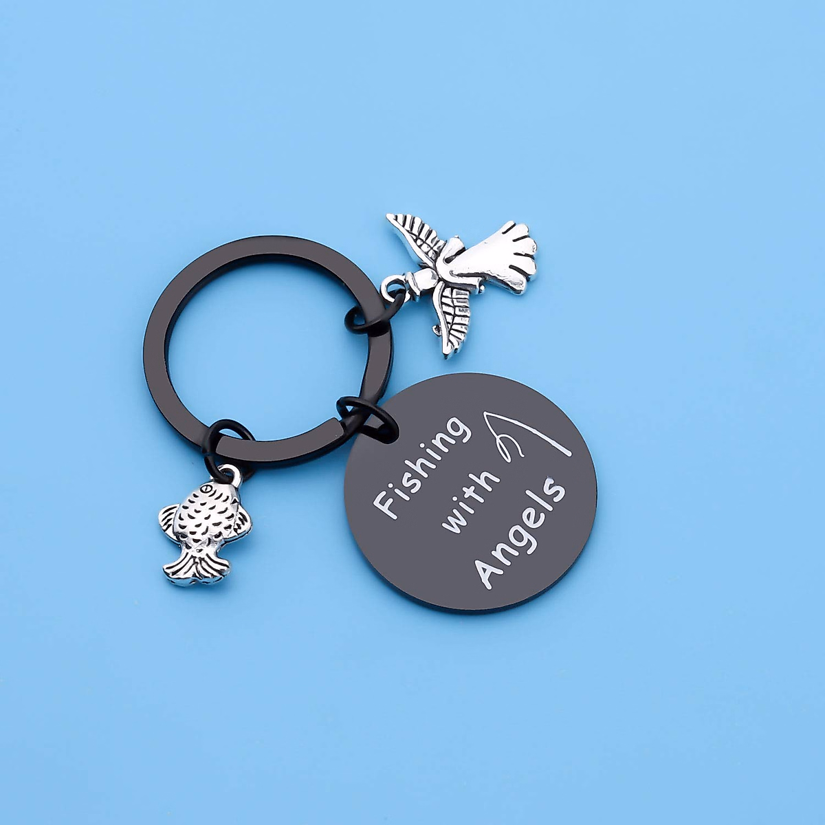 POTIY In Memory of Dad Keepsake Fishing with Angels Keychain Dad Grandfather Memorial Keychain RIP Gift Loss of Brother Gift (Black Keychain)