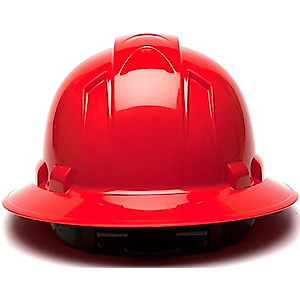 Pyramex Ridgeline Full Brim Hard Hat, 4-Point Ratchet Suspension, Red