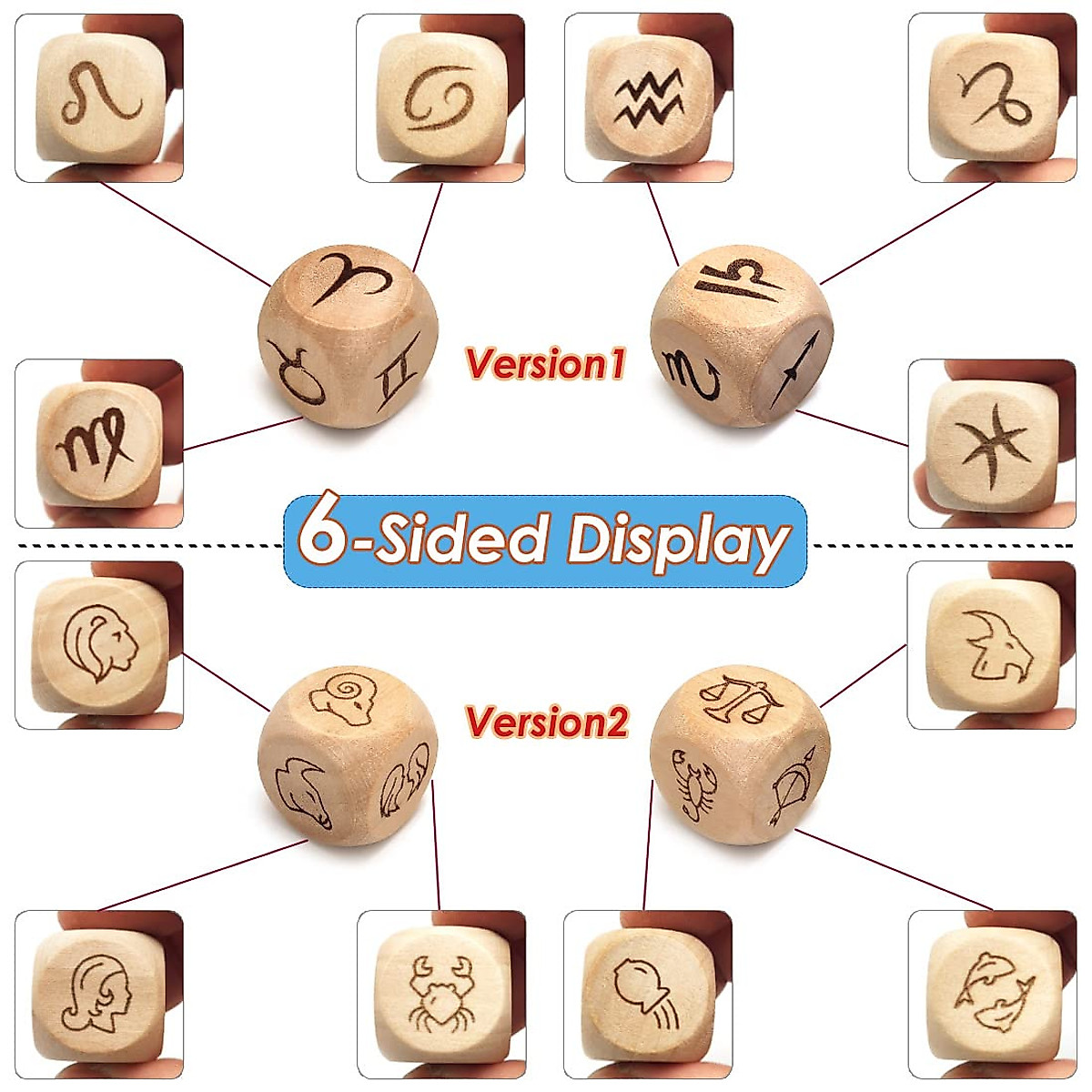 Hometu 4Pcs/Set Creative Zodiac Dice Set - 2 Pairs 12 Constellation Symbol Pattern Dices for Game Divination Accessory (Version1+Version2)