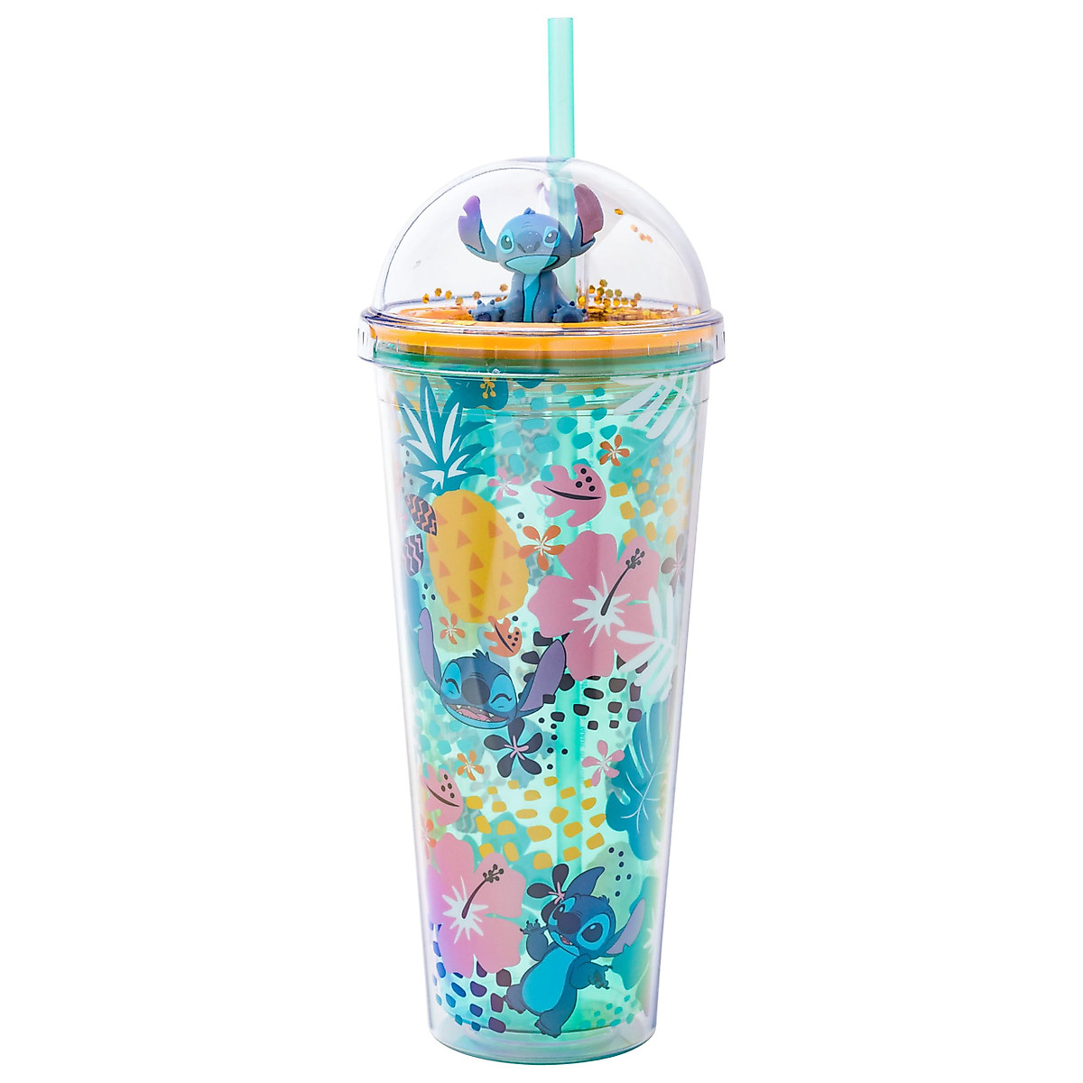 Silver Buffalo Disney Lilo and Stitch Aloha Tropical Leaves Pattern Dome Glitter Top Travel Tumbler, 24 Ounces