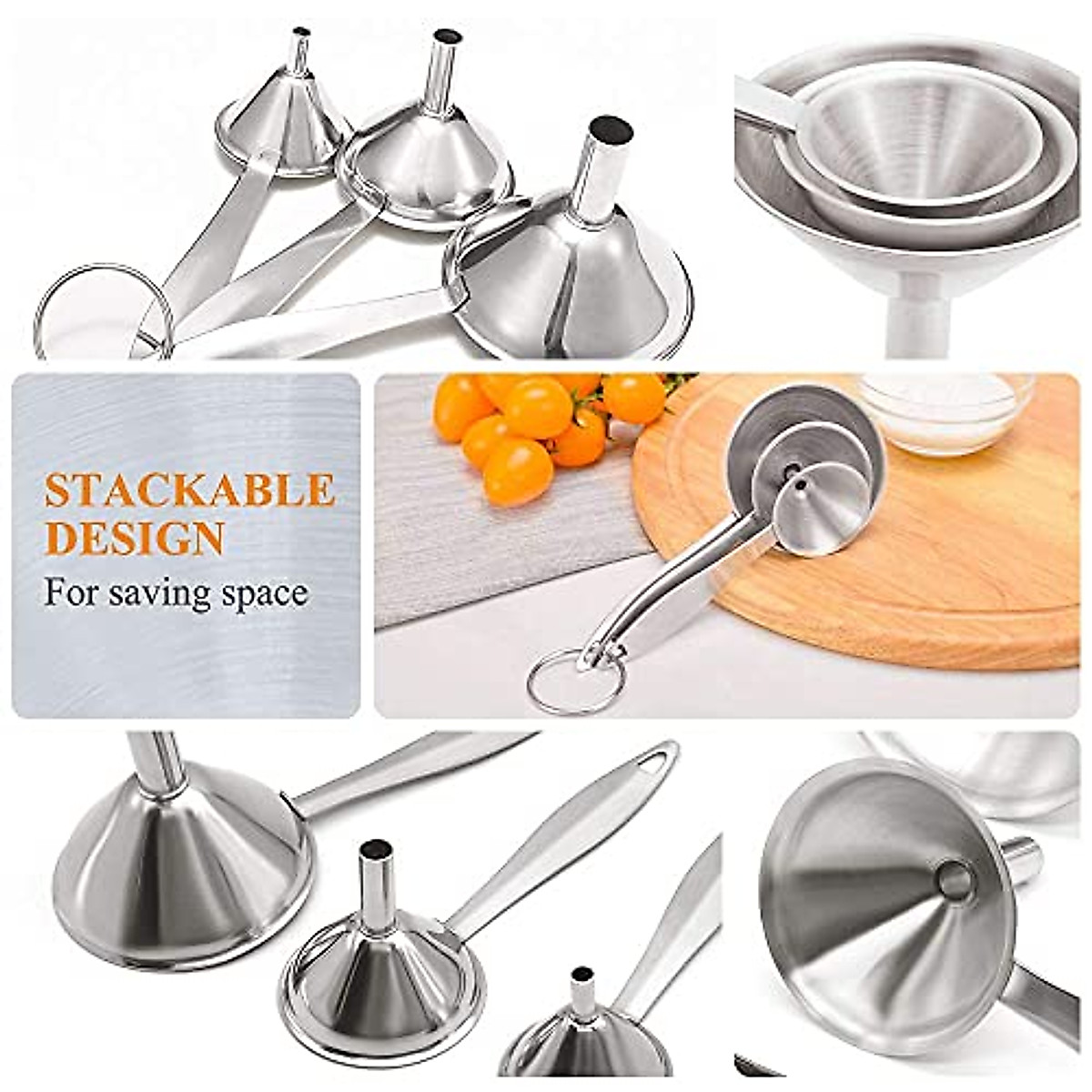3 in 1 Metal Funnels for Filling Bottles Stainless Steel Small Kitchen Funnel Set for Transferring Essential Oils Liquid Fluid Spice Dry Ingredients Powder, Durable and Dishwash Safe