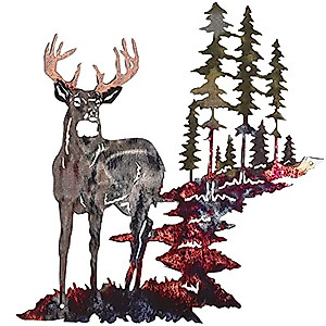 Forest Tree Deer Wall Art Metal Rustic Hunting Decor for Living Room Bedroom Bathroom Indoor Outdoor, 11.8 x 7.9 Inch (Bright Color)
