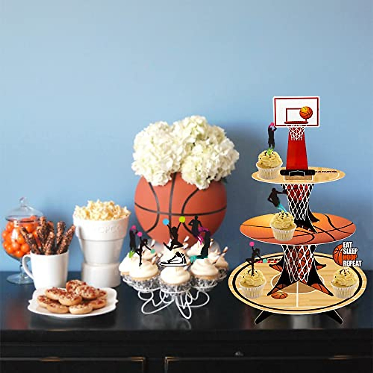 Basketball Party Decorations Cupcake Stand with 24pcs Basketball Cupcake Toppers for Kids Boys Basketball Sports Game Themed Birthday Party Supplies Basketball 3 Tier Cupcake Tower