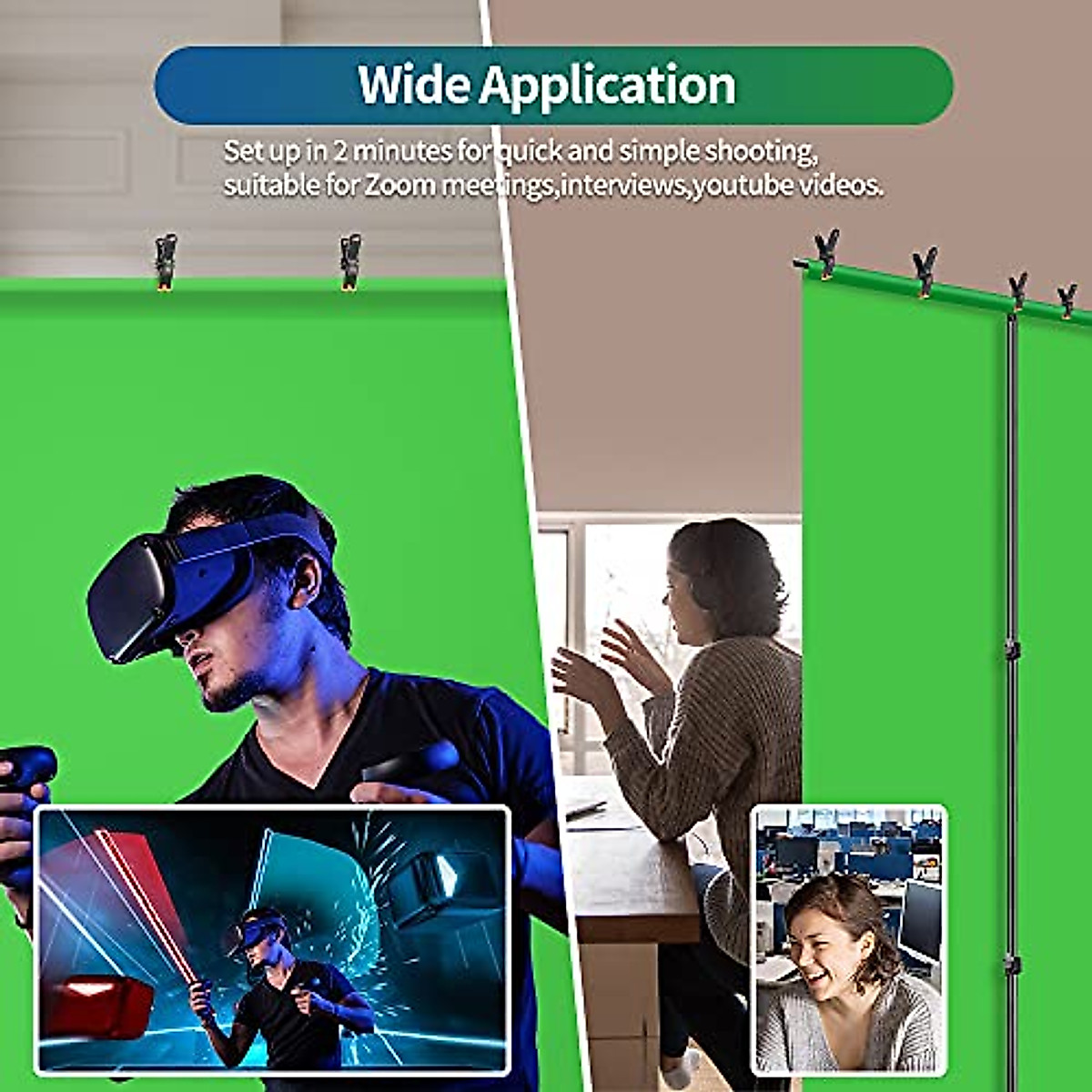 Hemmotop Green Screen Backdrop with Stand Kit for Photography 5x6.5ft, Chromakey Virtual GreenScreen Background Sheet for Zoom YouTube Video Studio Calls, with 5 Clamps