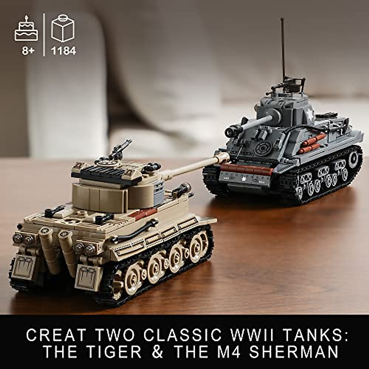WW2 Army Tank Toys Building Kit, Create a German Tiger Tank and an American M4 Sherman Tank Model, Include 1184 Blocks, Great Military Toy Gift for Boys, Kids, and Teens Age 8-14