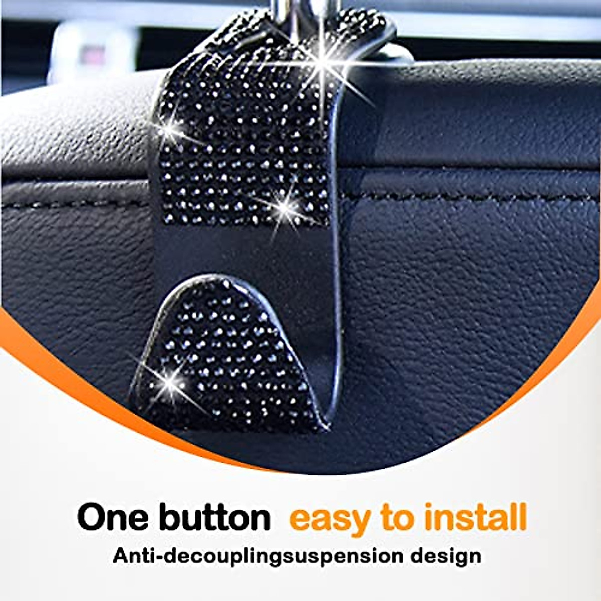 QODOLSI 2 PCS Bling Car Back Seat Headrest Hook, Crystal Back Seat Hanger Storage Organizer, Car Purse Bag Holder, Bling Rhinestone Car Interior Accessories for Women and Men (Black)