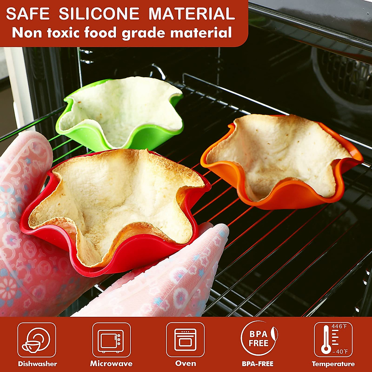 Koluti Nonstick Silicone Tortilla Shell Maker Set of 3, Colorful Taco Salad Bowl Mold, Baking Pan Tostada Baker for Kitchen, Microwave & Dishwasher & Oven Safe (Red Orange Green)