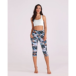 ODODOS Women's High Waisted Pattern Yoga Capri Leggings with Pockets, Tummy Control Non See Through Sports Athletic Workout Running Capris, FineArt, Large