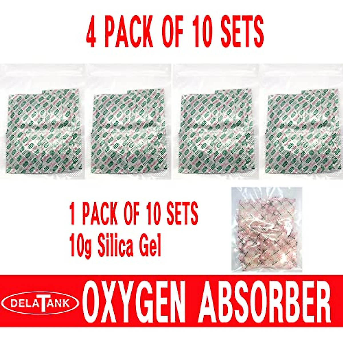 Delatank 2000cc Oxygen Absorbers Food Storage for Long Term Food Storage - (10 X Vacuum PACKS OF 4) 10g Silica Gel Packs Desiccant (10 X Vacuum PACKS OF 1)