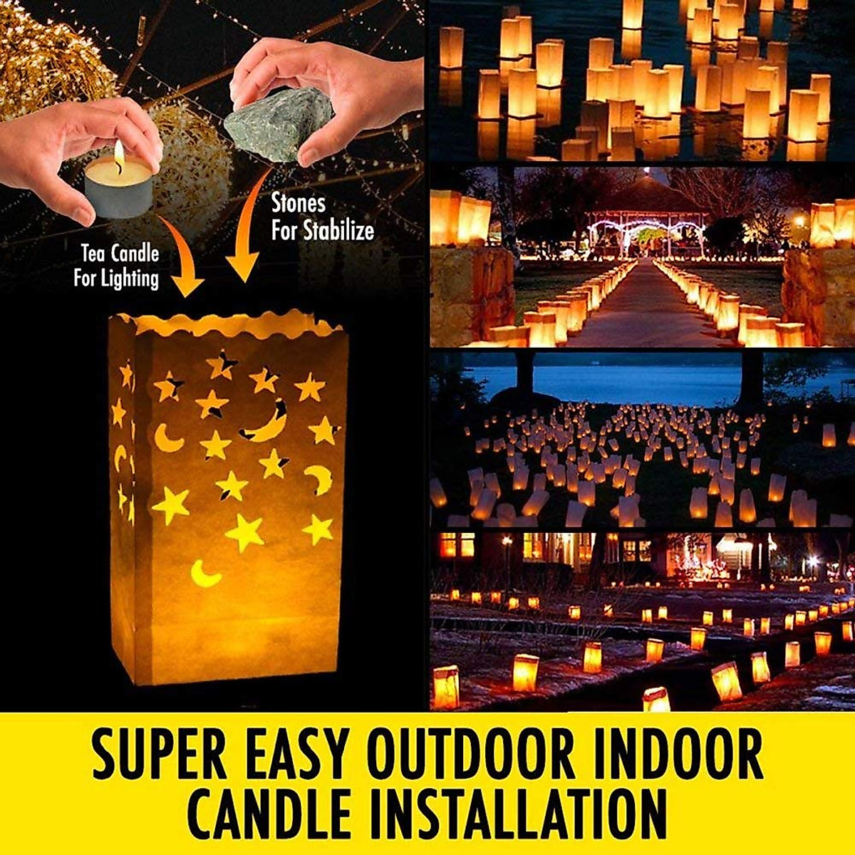 Serdokntbig 20 pcs White Luminary Candle Bags Special Lantern Luminary Bag Stars Moon Durable Reusable Fire-Retardant Cotton Material Wedding Valentine Reception Engagement Event Marriage Proposal