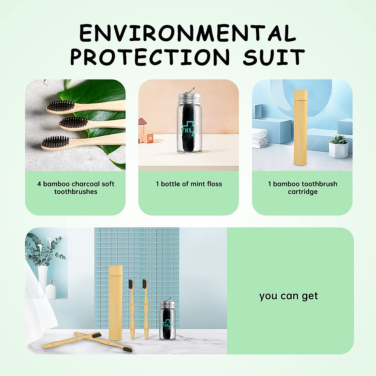 Y-Kelin Travel Toothbrush & Dental Floss Kit - 4 Pcs Bamboo Charcoal Soft Bristles Toothbrush Toothbrush with Toothbrush Case Holder & Natural Charcoal Dental Floss for Sensitive Adult Teeth