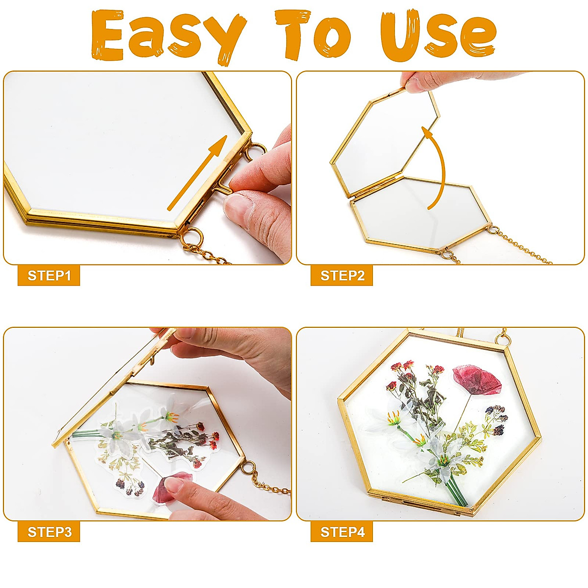 AVLA 3 Pack Pressed Flowers Glass Frames, Brass Hanging Picture Frames with Chain, Small Golden Floating Photo Frame, Clear DIY Artwork Display Frame for Wall Decor, Dried Plant Specimen