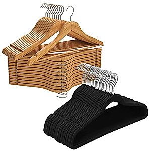 Utopia Home Premium Durable & Slim 70 Pack Hangers - Wooden Hanger Pack of 20 & Velvet Hangers Black Pack of 50. Space Saving, Heavy Duty & Non Slip with Shoulder Grooves.