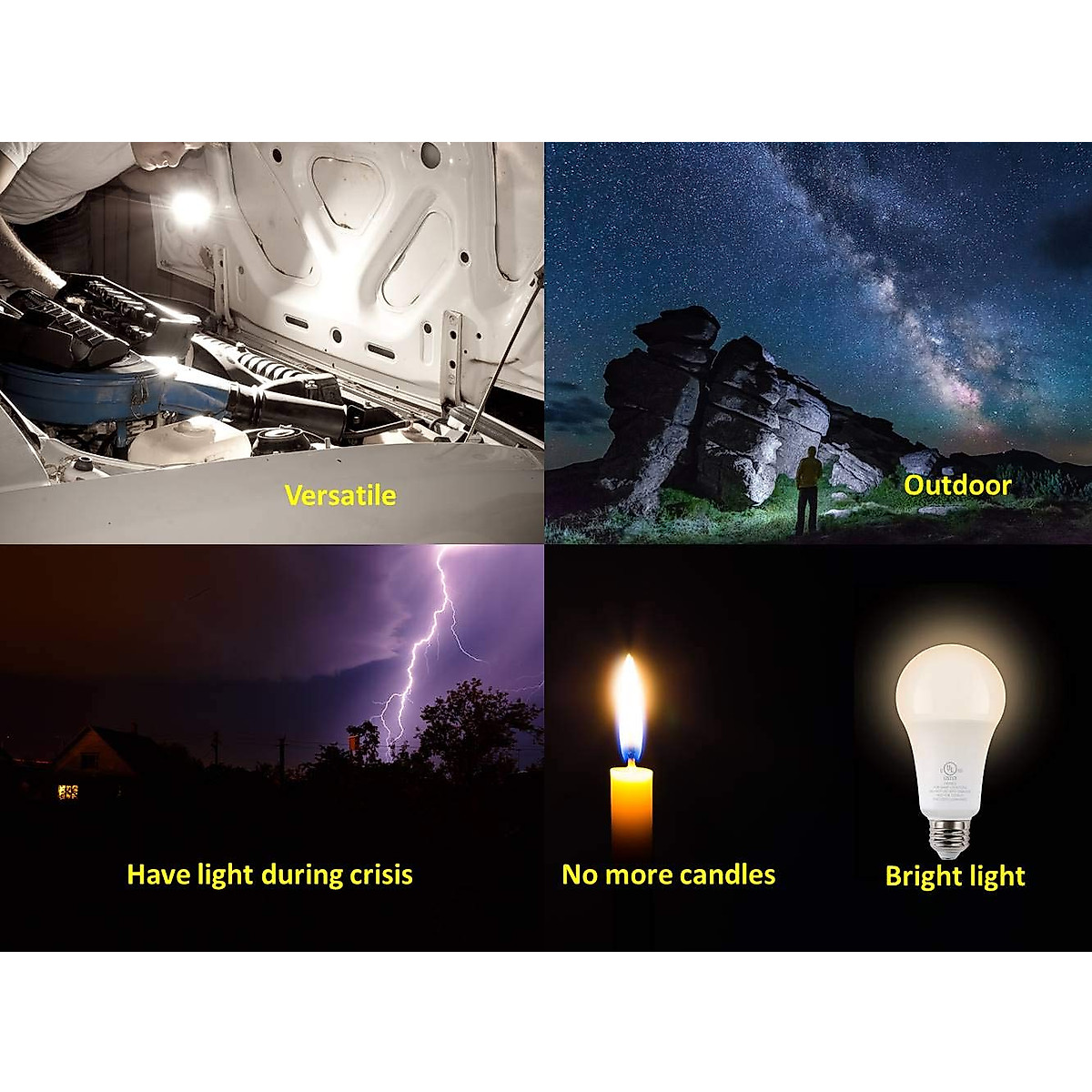 HouLight 5W Rechargeable Emergency LED Light Bulbs with Back Up Battery for Power Outage, Camping, Hurricane, Disaster Planning, 40W Equivalent, UL Certified (3000K Soft White, 2-Pack)