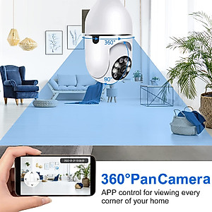Hicvers Light Bulb Camera, 2MP WiFi Camera, Adjustable Vertical 90°Horizontal 355°, With Night Vision, Motion Detection Tracking, 2 Way Talk, Alexa Compatible, White