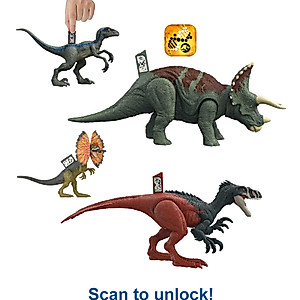 Mattel Jurassic World Dominion Survival Instincts Dinosaur Starter Set, 4 Toy Figures Including Blue, Dilophosaurus & 2 Roar Strikers