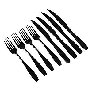 Wekioger Black Stainless Steel Steak Knife and Fork Set, 8 Pieces