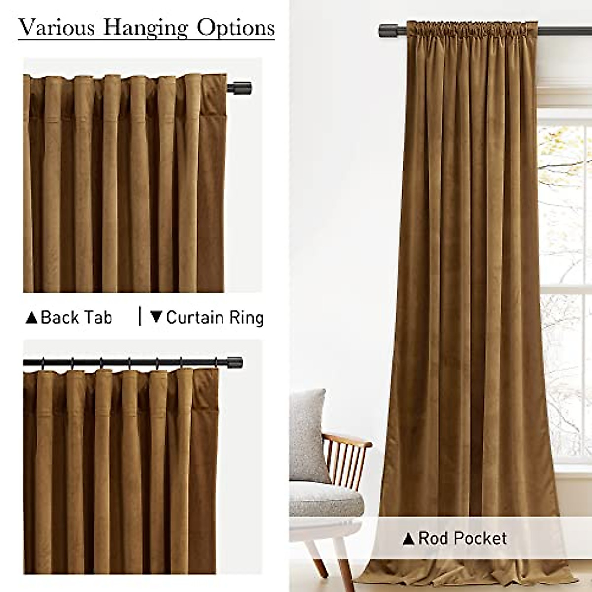 StangH Velvet Curtains 84 inches - Gold Brown Blackout Thermal Insulated Window Drapes for Living Room, Back Tab Luxury Home Decor Curtains for Bedroom Sliding Door, W52 x L84, 2 Panels