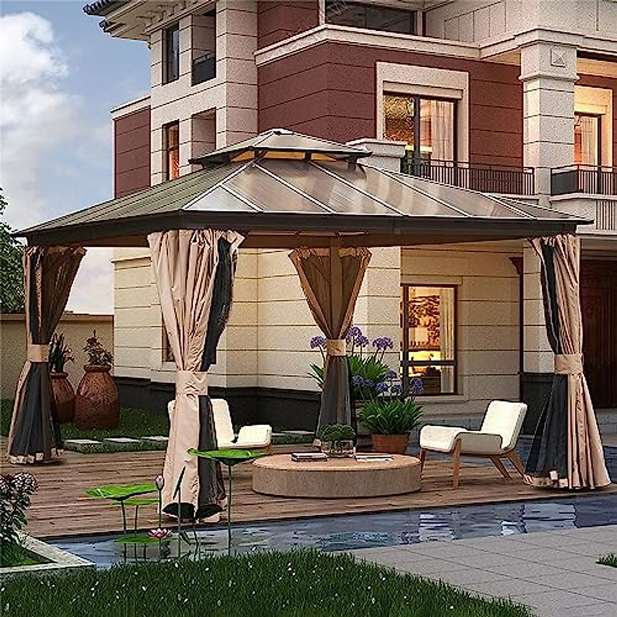 Goohome 12'x12' Hardtop Gazebo, Permanent Outdoor Gazebo with Polycarbonate Double Roof, Aluminum Gazebo Pavilion with Curtain and Net, Hard Top Waterproof Pergola Shade and Rain for Lawn, Poolsides