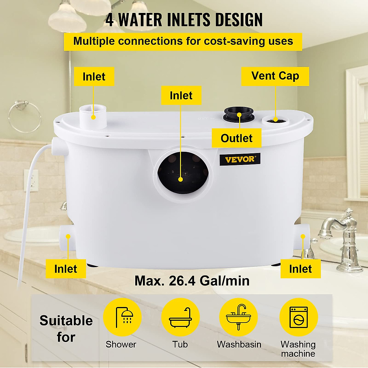 VEVOR Macerator Pump 400W, 4 Inlets for Basement, Kitchen, Toilet, Sink, Shower, Bathtub Waste Water Disposal Upflush Machine, Elevation up to 21ft, White