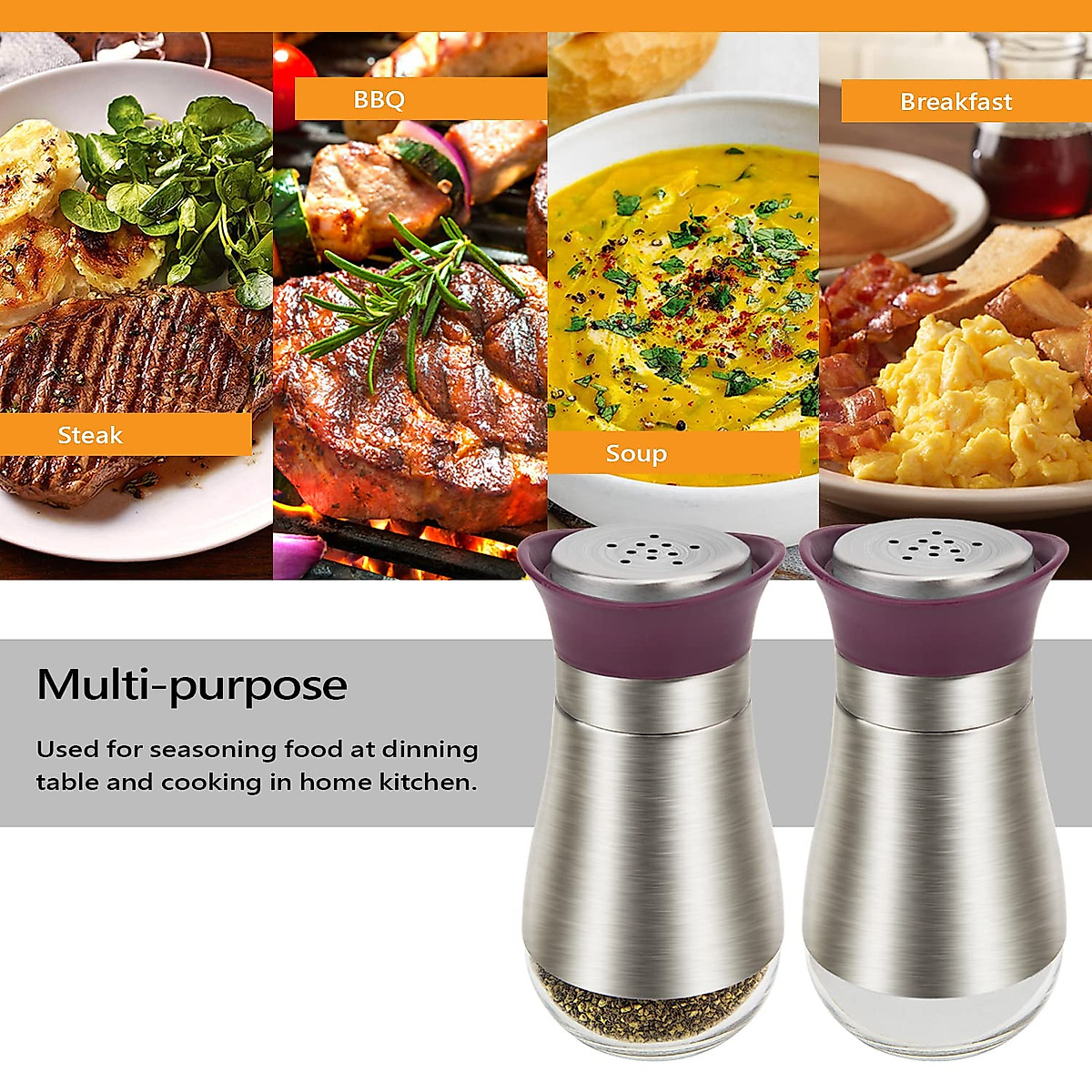 Evelyne Salt Pepper Seasoning Glass Shaker with Stainless Steel Cover 2 pcs Pack Set (Purple)
