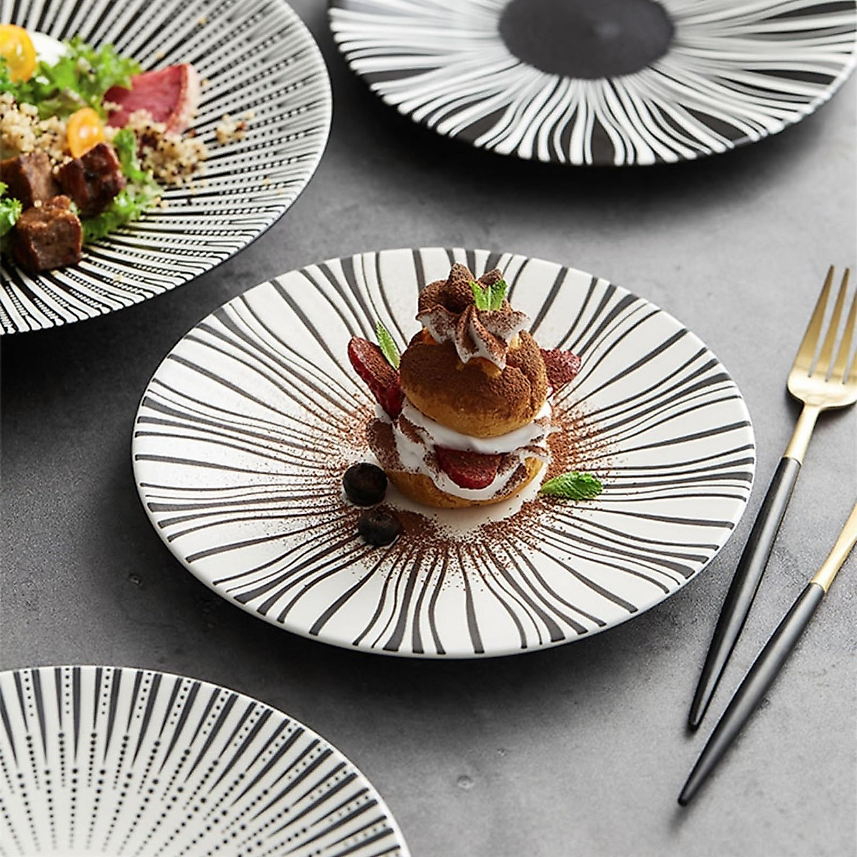 Dinner Plates Set Ceramic Dinner Plate Western Food Chinese Dinner Plate Home Kitchen Restaurant Plate Round Stripe Flat Plate Dessert Fruit Tray Kitchen Salad Bowl ( Color : A , Size : 8.27in )