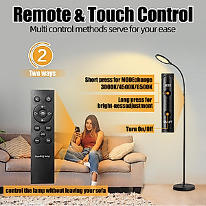 YOPSTAR Floor Lamp, LED Reading Light, Bright Modern Tall Lamp, 3 Color Temperatures & Brightness, Adjustable Gooseneck Standing Lamp with Remote & Touch Control for Living Room, Bedroom, Office