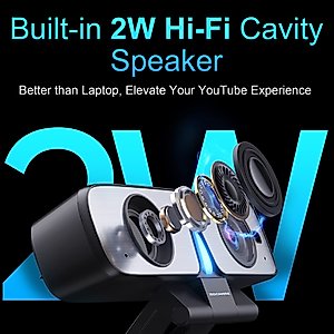 ROCWARE Autofocus Webcam with Microphone Speaker, RC08 2K Web Cam, Computer Camera for PC with Noise Reduction Mic/Harman Speaker/4X Eptz/Privacy Cover/0.2S Auto-Focus/Low Illumination, for Zoom/Teams