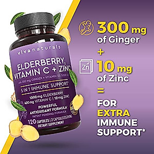 Viva Naturals Sambucus Elderberry with Zinc and Vitamin C for Adults, Vitamin D3 5000 IU and Ginger - Immune Support Supplement, 2 Months’ Supply - Black Dried Elderberry Capsules for Adults
