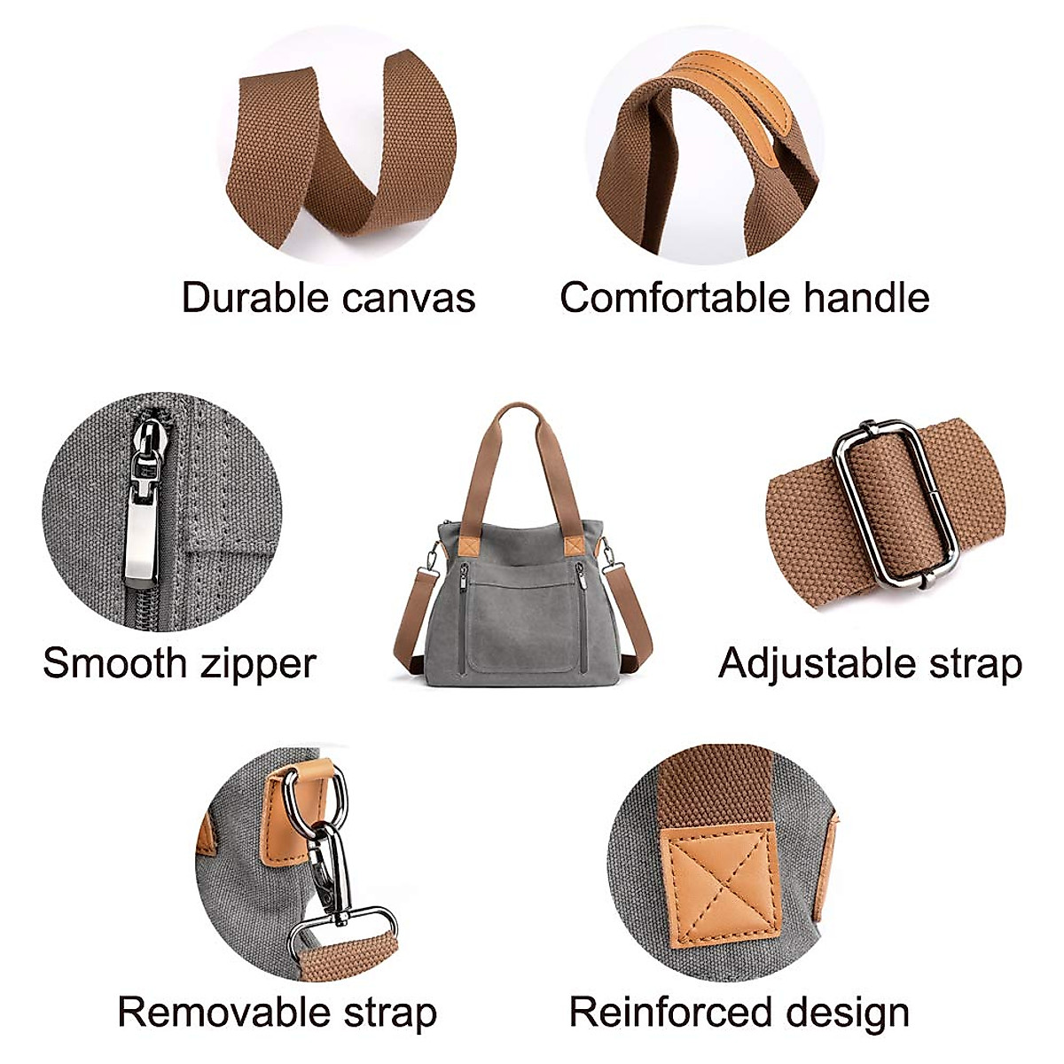 JIANLINST Women Canvas Shoulder bags Hobo Tote Bags Casual Satchel Handbags Crossbody Shopper Bags Gray