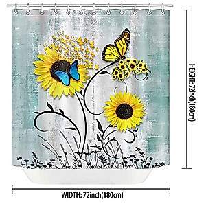 Dia Magico 4PCS Yellow Sunflower Shower Curtain Set, Magic Floral Blue Butterfly Black Plant Botanical Teal Barnwood Country Rustic Farmhouse Bathroom Decor, Fabric Shower Curtain, Non-Slip Bath Mat