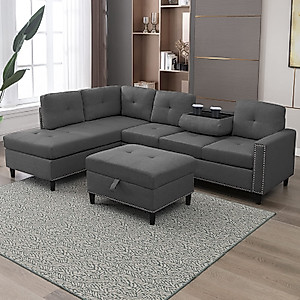 ZAFLY 101" Sectional Couch, L Shaped Sofa with Storage, Convertible Sofá 4-Seat with Reversible Chaise, Living Room Fabric Sofa Sets with Cup Holders -Light Gray