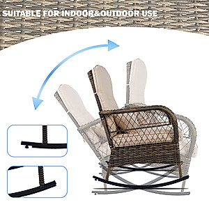 IBITION 3-Piece Outdoor Rocking Chairs Set of 2， Wicker Patio Furniture Modern Rattan Chair Conversation with Cushions & Glass Table for Garden,Backyard, Bistro(Khaki)