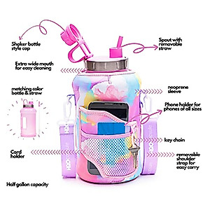 H2O Capsule 2.2L Half Gallon Wide Mouth Water Bottle with Storage Sleeve and Removable Straw - Hydration Tracker Jug with Measurements Marked – Shatterproof BPA-Free, (Purple TieDye)