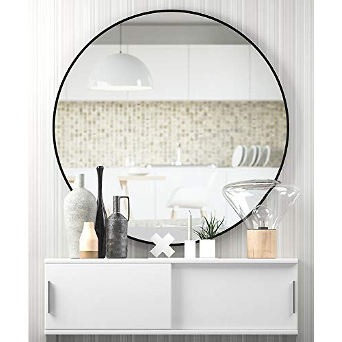 USHOWER Black Round Mirror 30 Inch Bathroom Vanity Circle Mirror - Elegant Wall Mirror with Metal Frame for Living Room, Entryways