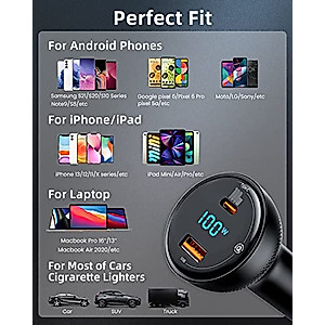 100W USB C Car Charger, Baseus PD3.0 QC4.0 PPS Super Fast Charging Type C Car Charger with LED Display Adapter for iPhone 14/13/ Pro Max Samsung Galaxy S22/S21 Ultra/Tab S8 iPad MacBook Laptop