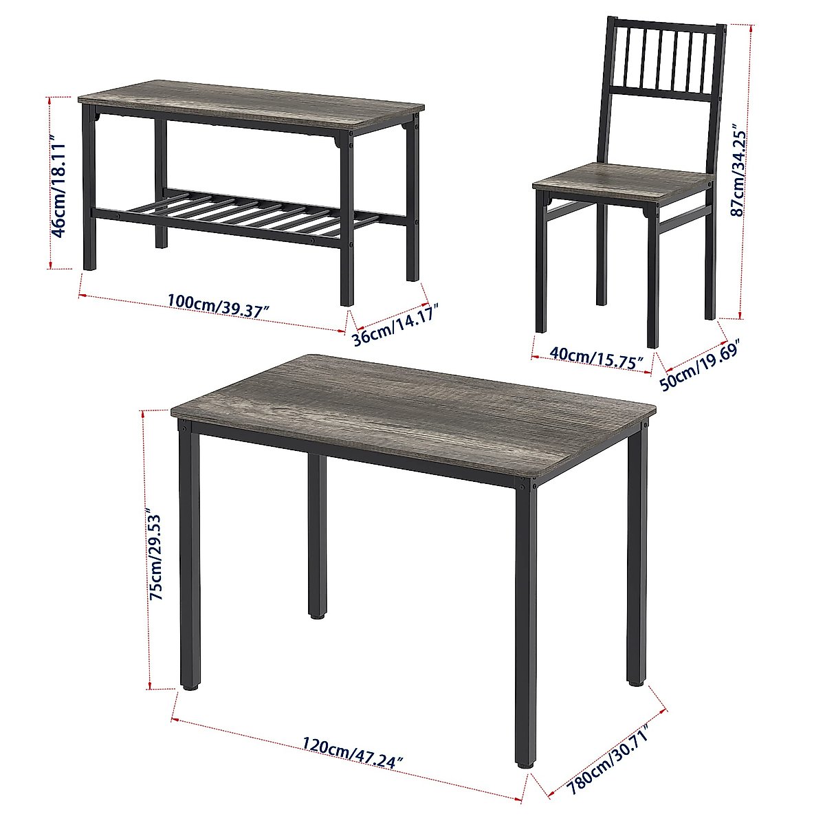 Teraves Dining Table Set for 4/Computer Desk,Kitchen Table with 2 Chairs and a Bench,Table and Chairs Dining Set 4 Picce Set for Dining Room (Black Oak+Black Frame,120CM)