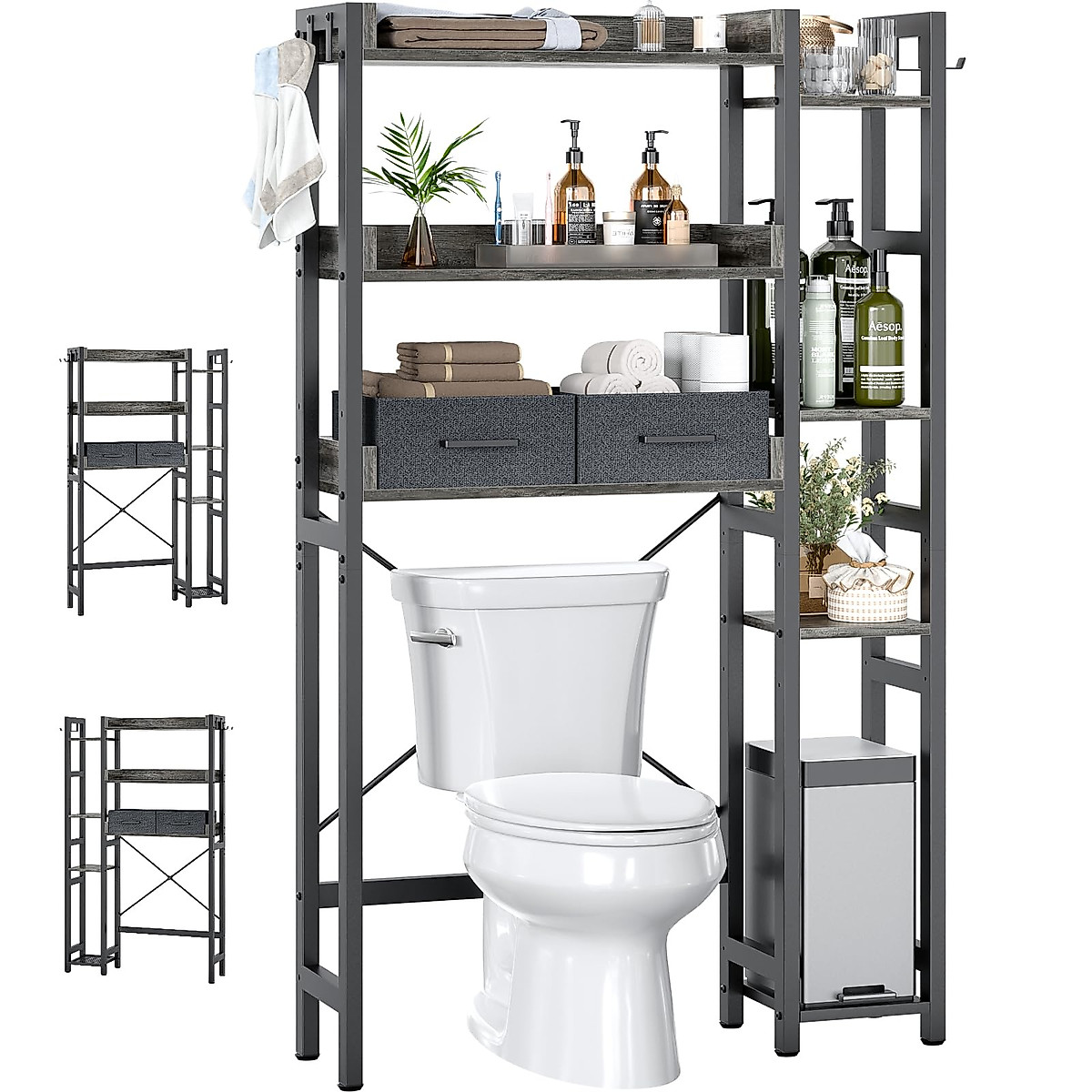 Over The Toilet Storage with 2 Drawers - 7 Tier Bathroom Organizer with Adjustable Shelf, Freestanding Space Saver Storage Rack Above Toilet Stand with 4 Hooks for, Restroom, Laundry, Grey Oak