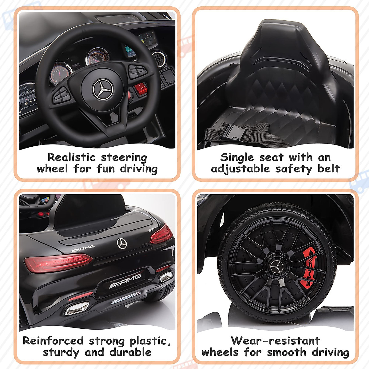 TOBBI Ride On Car 12V Licensed Mercedes Benz AMG GT Electric Car for Kids Ride On Toys Vehicle with 2.4G Remote Control, 2 Powerful Motors, Music, Horn, USB, Black