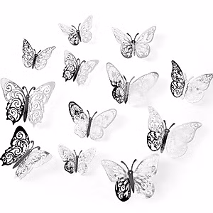 3D Butterfly Wall Decor Stickers Silver Butterfly Decorations Party, 48Pcs 4 Patterns 3 Sizes, Butterfly Cake Decorations Paper Butterflies Wall Decals for Kids Baby Nursery Room Bedroom Birthday