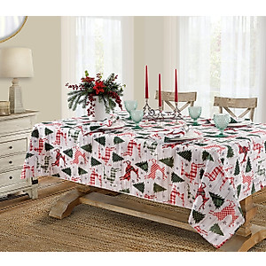 Newbridge Merry Reindeer Prance Country Rustic Christmas Fabric Tablecloth, Fun Cottage Reindeer and Xmas Tree Plaid Easy Care Holiday Tablecloth, 52” x 52” Square
