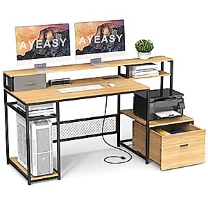 AYEASY Home Office Desk with Monitor Stand Shelf, 66 inch Large Computer Desk with Power Outlet and USB Charging Port, Computer Table with Storage Shelves and Drawer, Study Work Desk, Natural