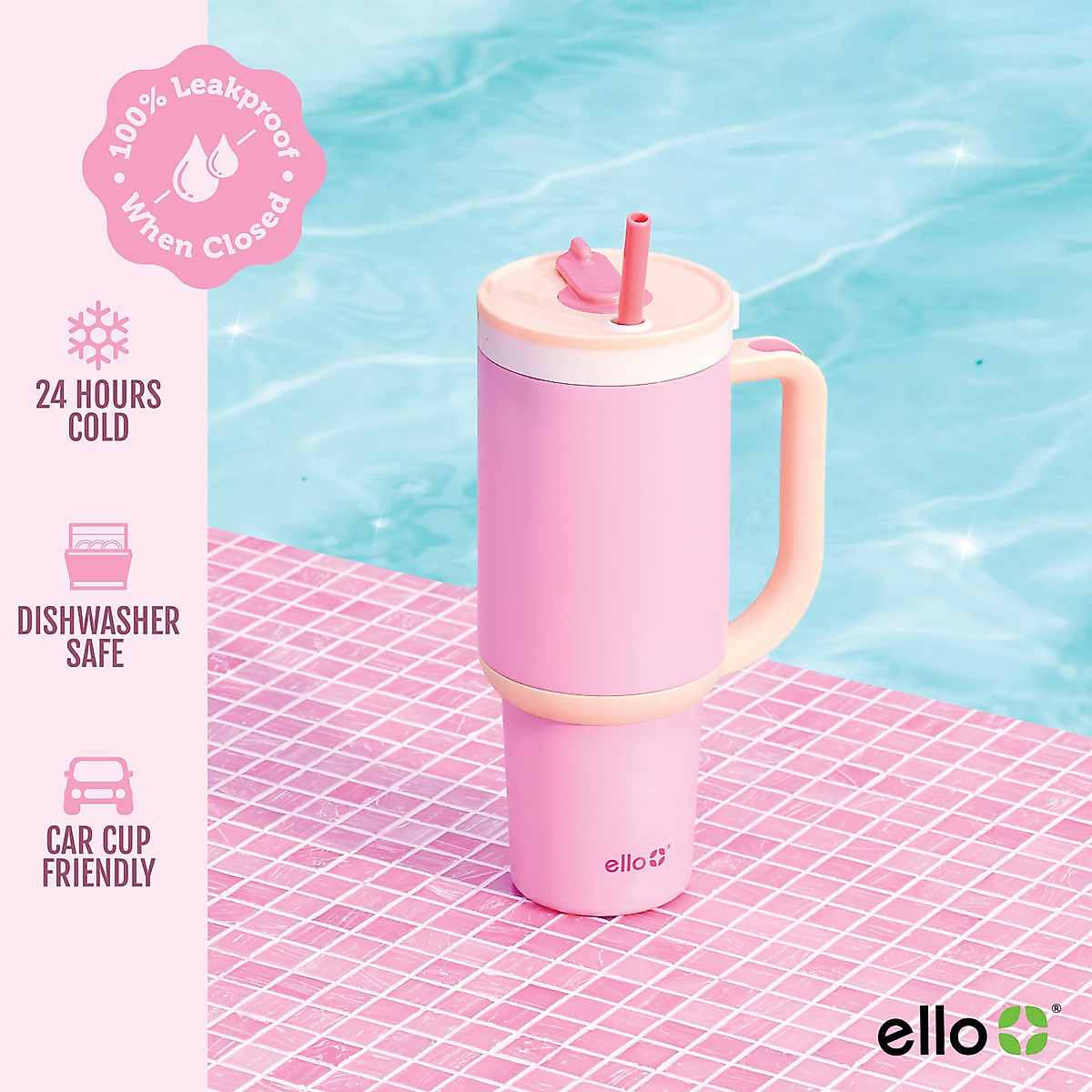 Ello Oasis 30 oz Tumbler with Handle & Retracting Straw | Reusable Insulated Stainless Steel Cup 100% Leakproof, Gifts for Teens Women Men | Keeps cold for 20 Hours, Cup Holder Friendly, Sunrise Glow