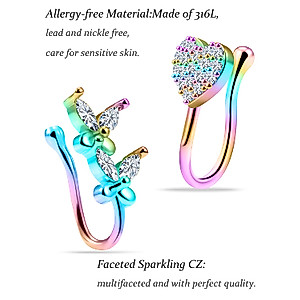 Vsnnsns Fake Nose Ring Stud Stainless Steel 20G Faux Septum Nose Piercing Jewelry Clip On Nose Ring Cuffs Non Piercing Nose Hoop Ring for Women Men 9pcs Rainbow