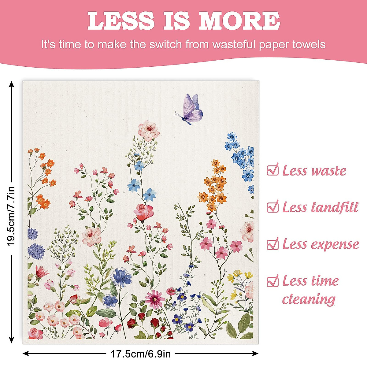 AnyDesign Wildflower Swedish Kitchen Dishcloth Watercolor Spring Flowers Butterfly Cotton Kitchen Towel Absorbent Reusable Cleaning Dishcloths for Home Party Cleaning Housewarming, 7 x 8 Inch, 4 Pack