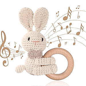 WOODEN TEETHER Crochet Baby Rattle, Crochet Baby Toys, Organic Wooden Newborn Toys, Newborn Animal Rattle Toys，Knitted Stuffed Animals Gifts for Baby, Orange Fox