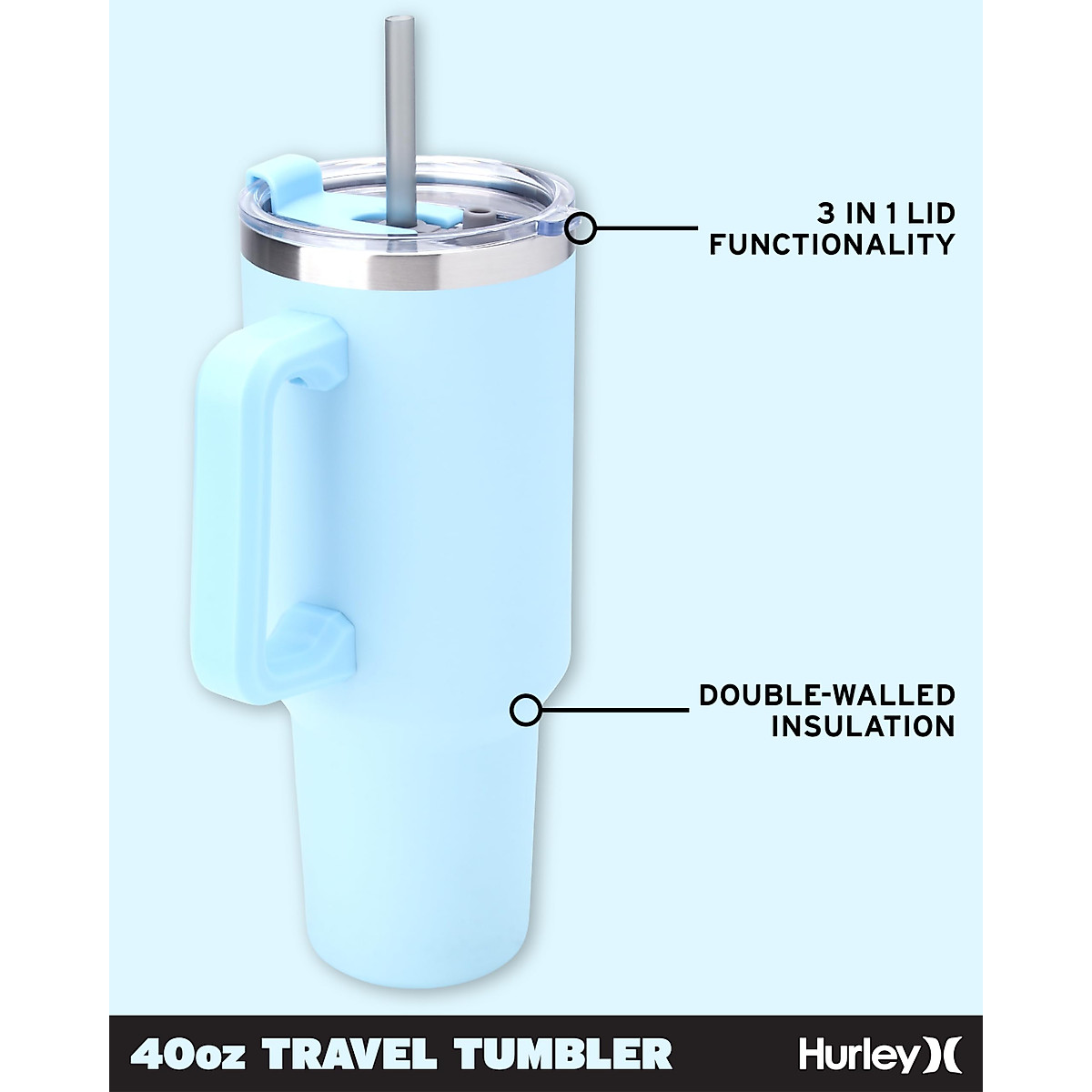 Hurley Tumbler Thermos - 40oz Double Wall Vacuum Insulated Travel Mug with Handle - BPA Free Stainless Steel Water Bottle - Leak Proof Hot and Cold Coffee Car Cup, Size 40 Ounces